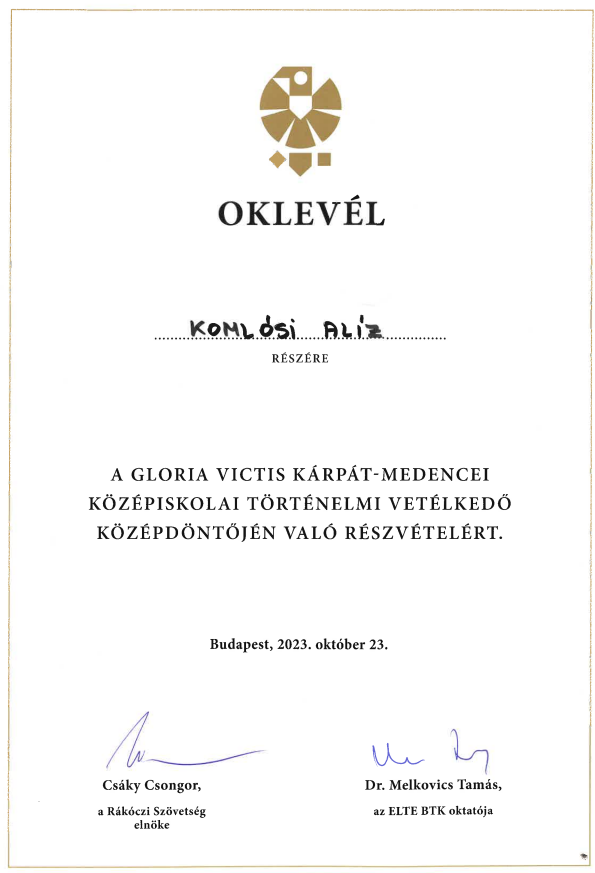 Dunaújvárosi Széchenyi István Gimnázium » GLORIA VICTIS történelem verseny